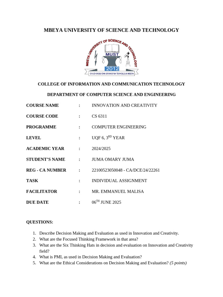 Mbeya University of Science and Technology: (5 Points) | PDF | Decision Making | Thought