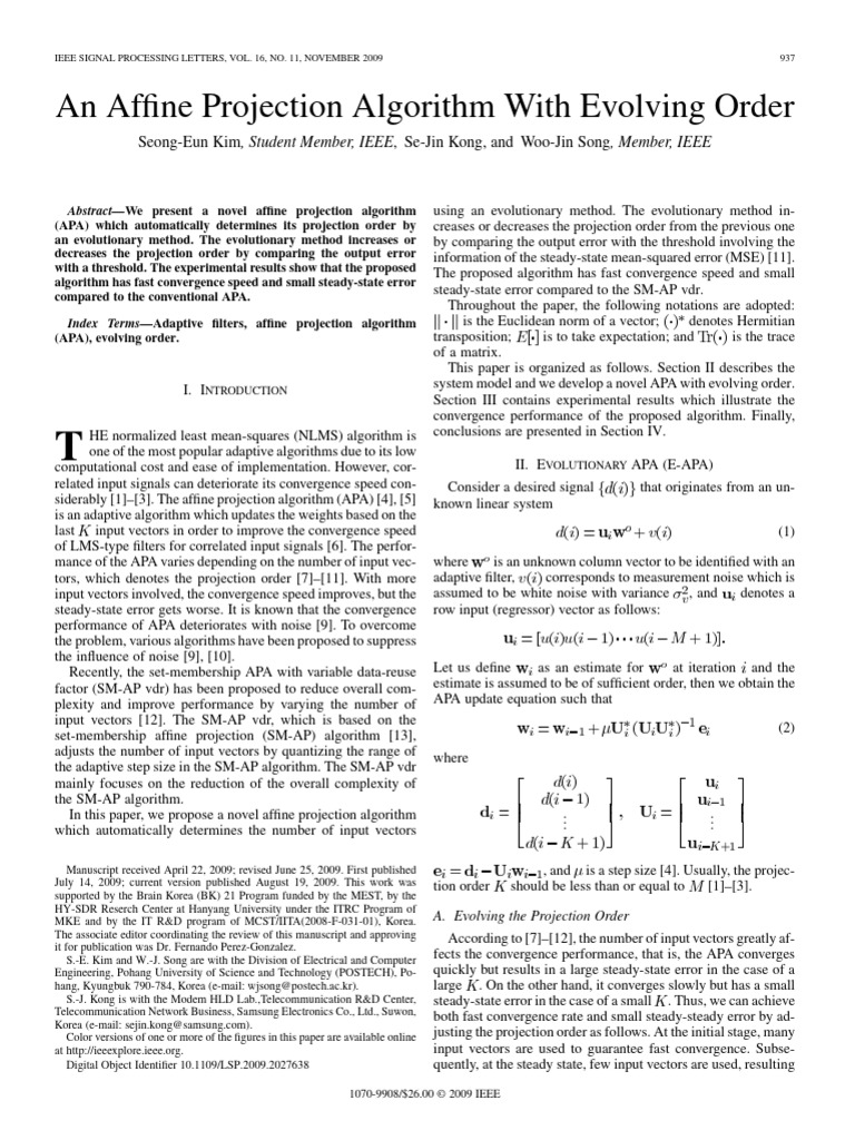 An Affine Projection Algorithm With Evolving Order | PDF | Mean Squared Error | Estimator