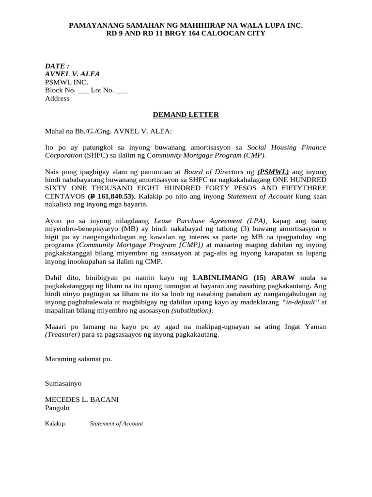 Demand Letter of HOA Tagalog | PDF