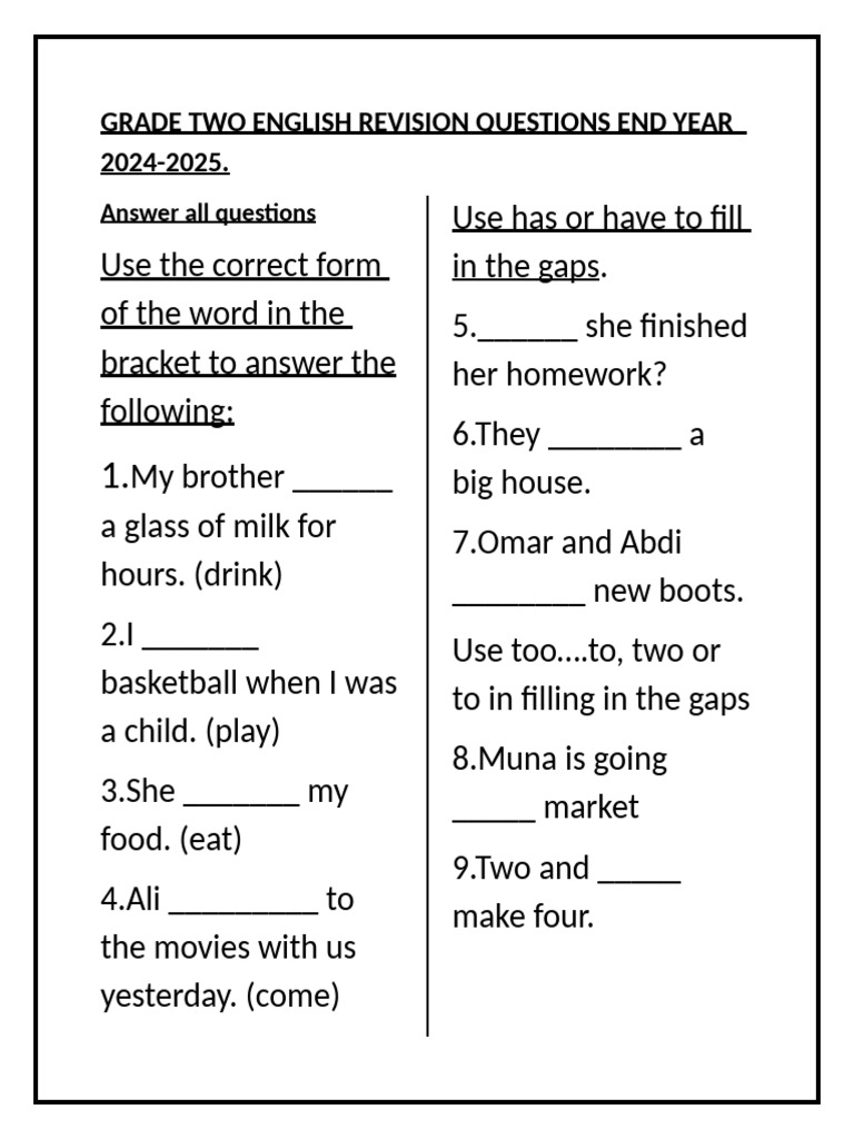 Grade Two English Revision Questions | PDF