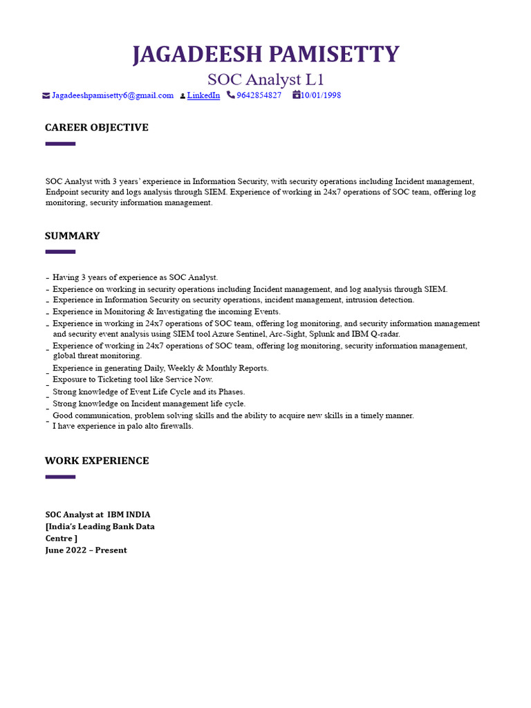 Jagadeesh SOC Analyst L1 1 | PDF | Security | Computer Security