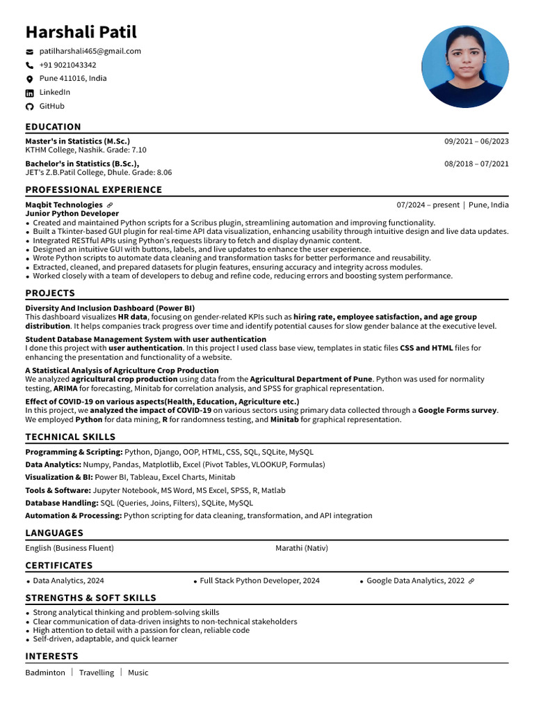 Harshali Patil FlowCV Resume 20250605 | PDF | Python (Programming Language) | Data