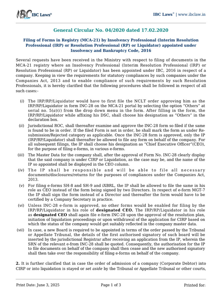 Filing of Forms in The Registry Mca 21 by Resolution Professionals or ...