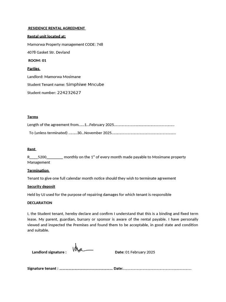 Devland Lease 2025 Simphiwe | PDF