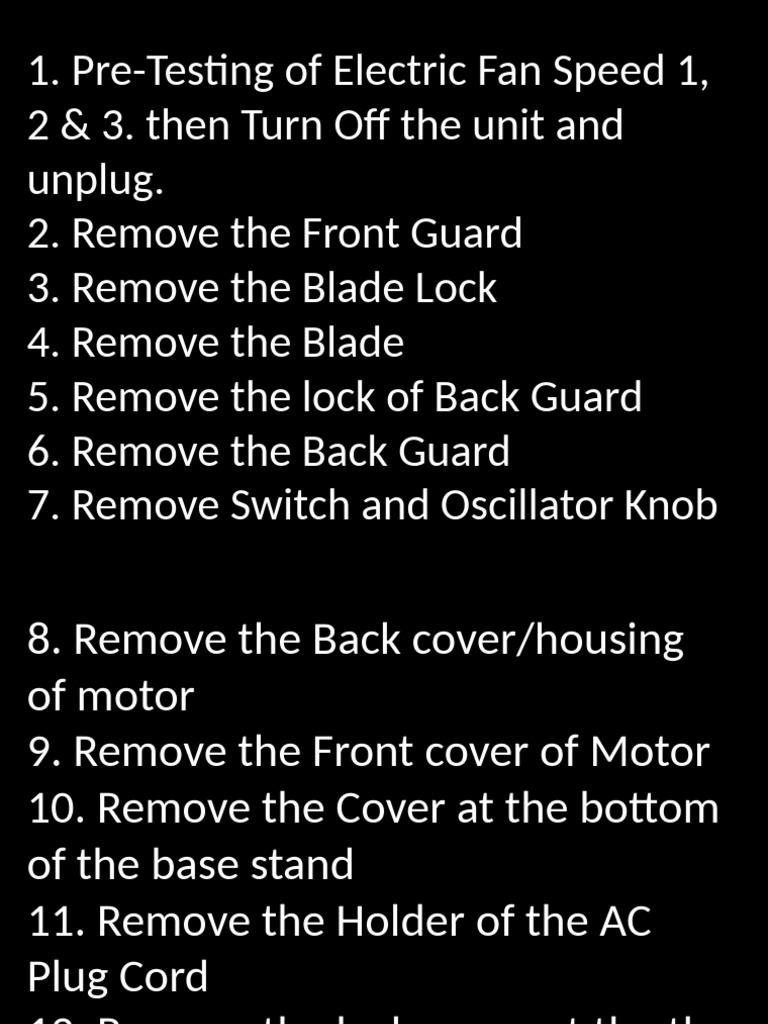 Disassemble of Electric Fan Procedures | PDF