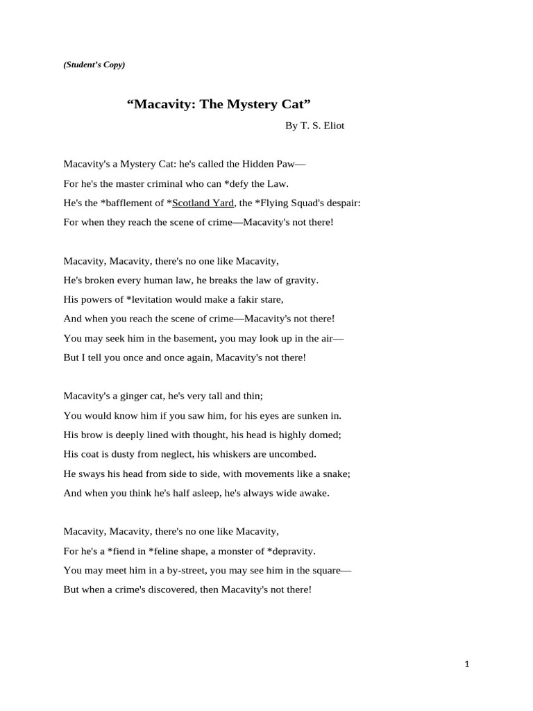 Macavity The Mystery Cat Text | PDF | Cats