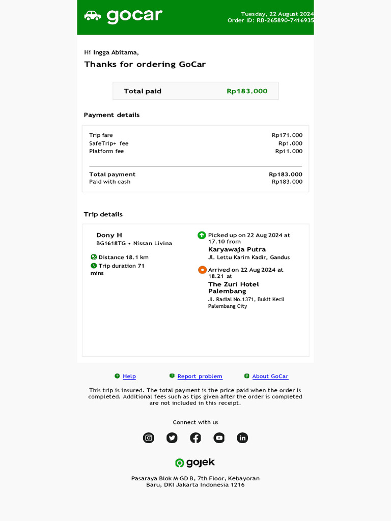Trip Receipt for Muhammad Irfandi | PDF