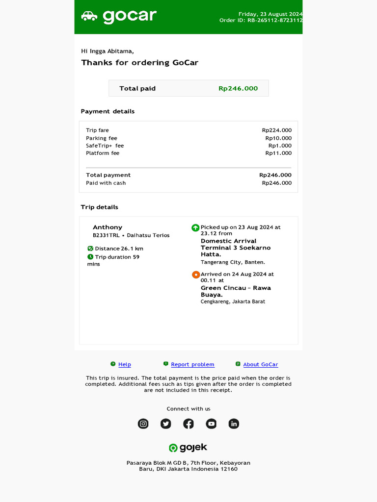 GOCAR Tanggal 23-08-24 Dari Bandara Ke Rumah | PDF