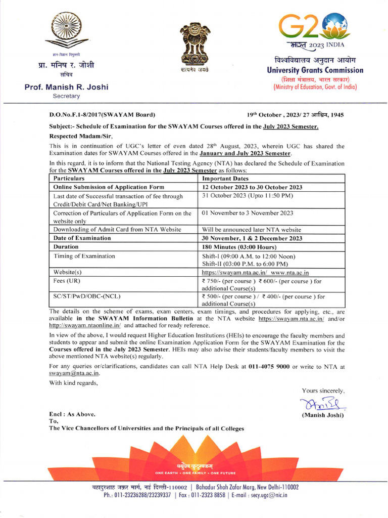 UGC - MOOCs - Exam Dates July 2023 (Autumn 2023-24) | PDF | Student ...