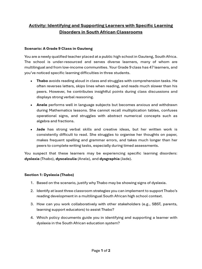 Activity - Identifying and Supporting Learners With Specific Learning ...
