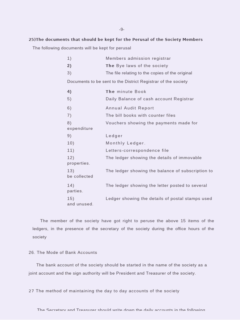 25) The Documents That Should Be Kept For The Perusal of The Society ...