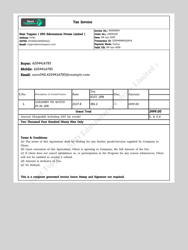Aarambh 9th Batch Invoice 25-26 | PDF | Taxation | Payments