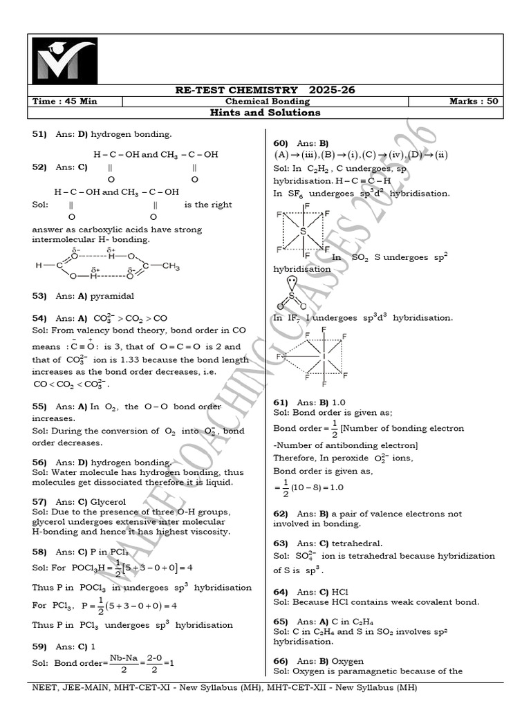Re Test Chemistry Sol | PDF | Chemical Bond | Molecular Orbital