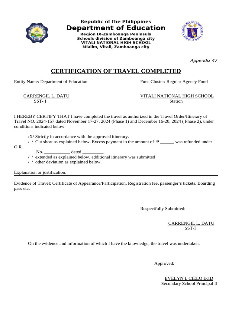 Travel Certification for Vitali High School | PDF