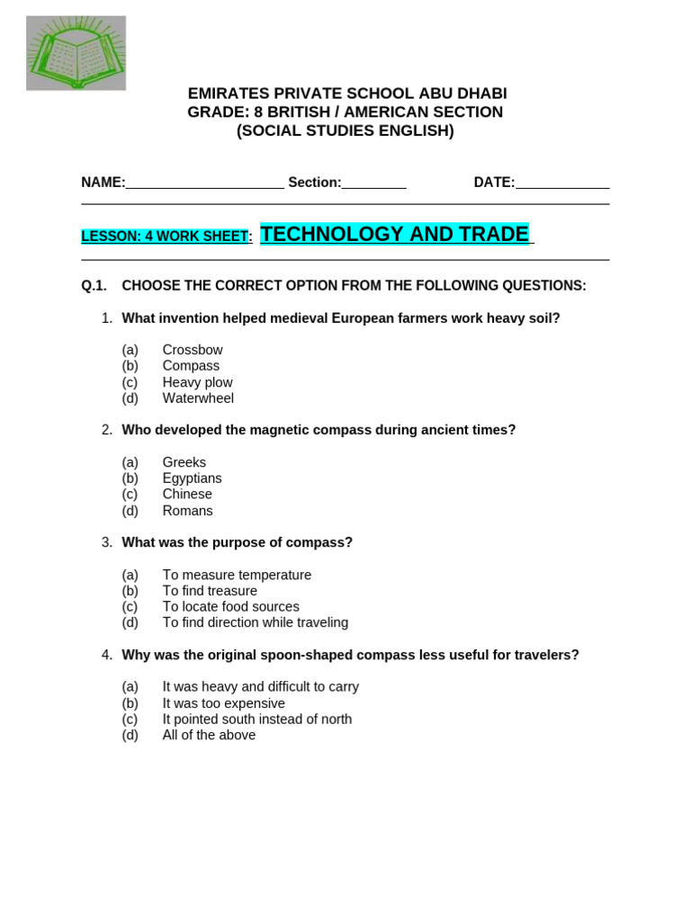 Worksheet Lesson 4 Technology and Trade Without Answers | PDF | Saddle ...