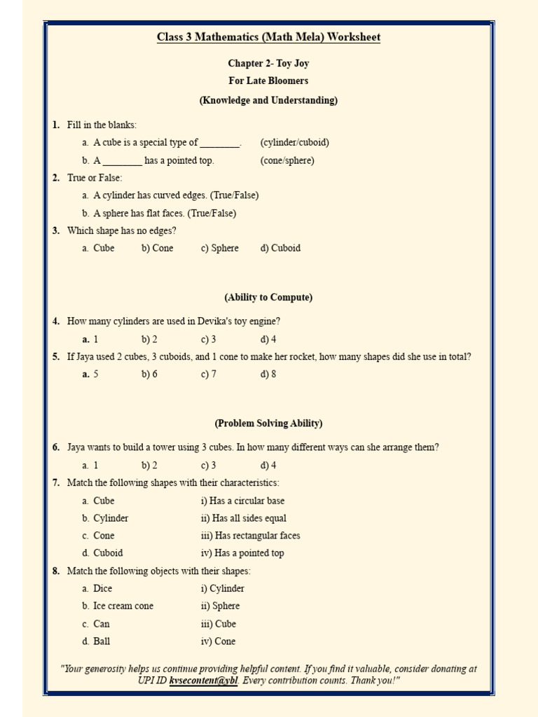 Class 3 Mathematics (Math Mela) Chapter 2 - Toy-Joy Worksheet | PDF ...