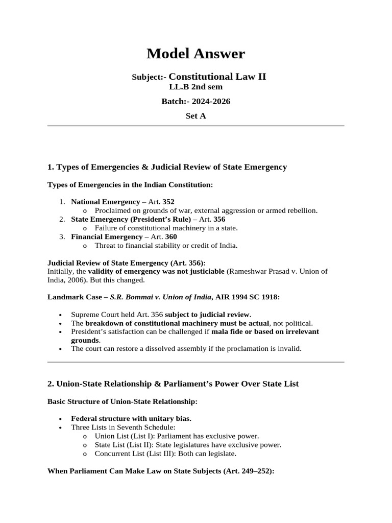 LLB 2nd Sem Const Law 2 Set 1 | PDF | State Of Emergency | Governance