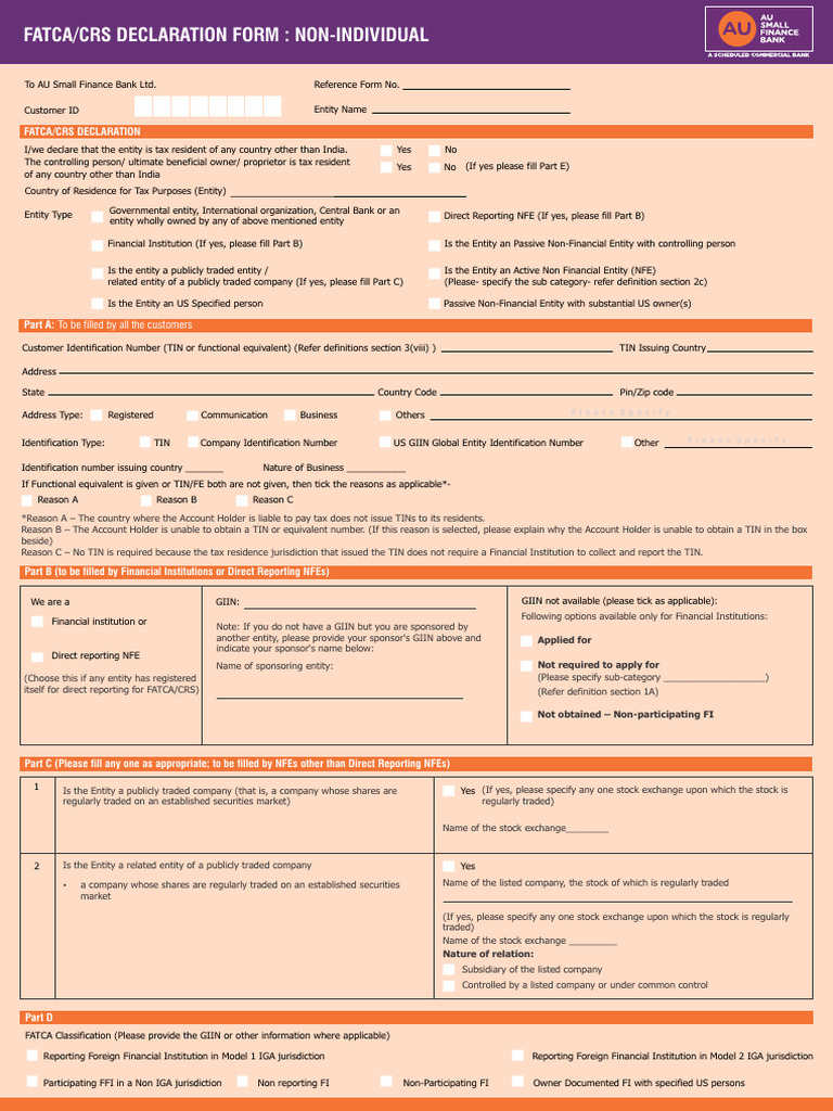 Fatca Crs Declaration Form (Non-Individual) | PDF | Identity Document | Securities (Finance)
