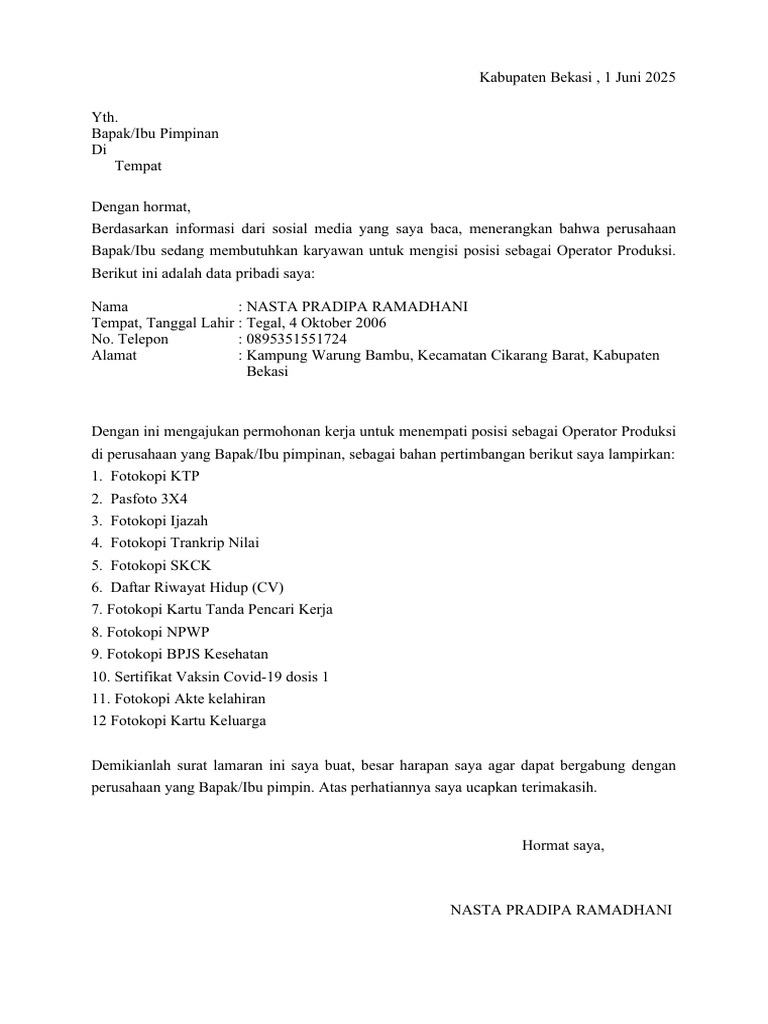 Cv_dan Berkas Lamaran_nasta Pradipa Ramadhani | PDF