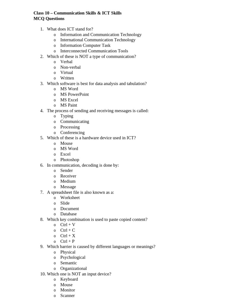 Class10 Communication ICT MCQ | PDF | Communication | Microsoft Excel