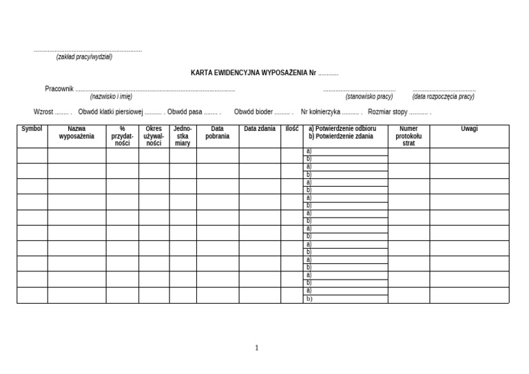 Karta Ewid. Odziezy Rob. | PDF