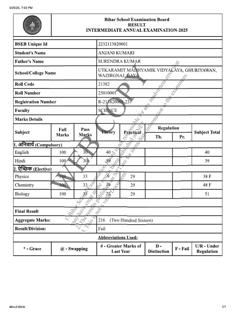 12 TH Result Suhani | PDF