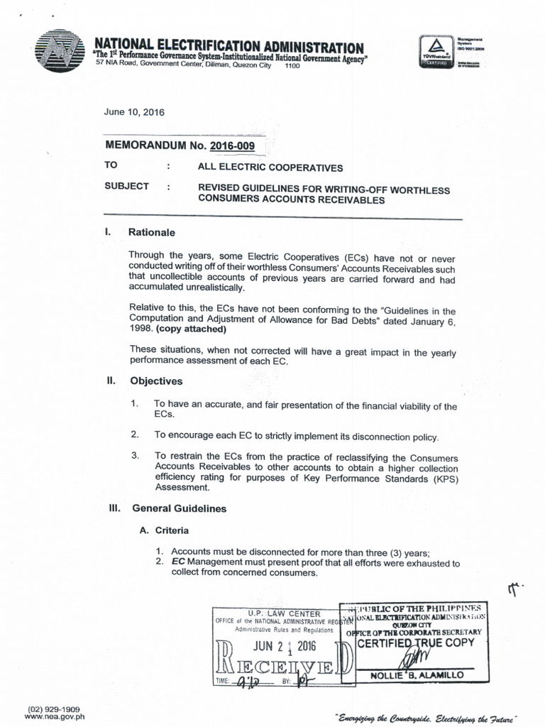 NEA Memo To ECs No. 2016-009 - Revised Guidelines For Writing-Off ...
