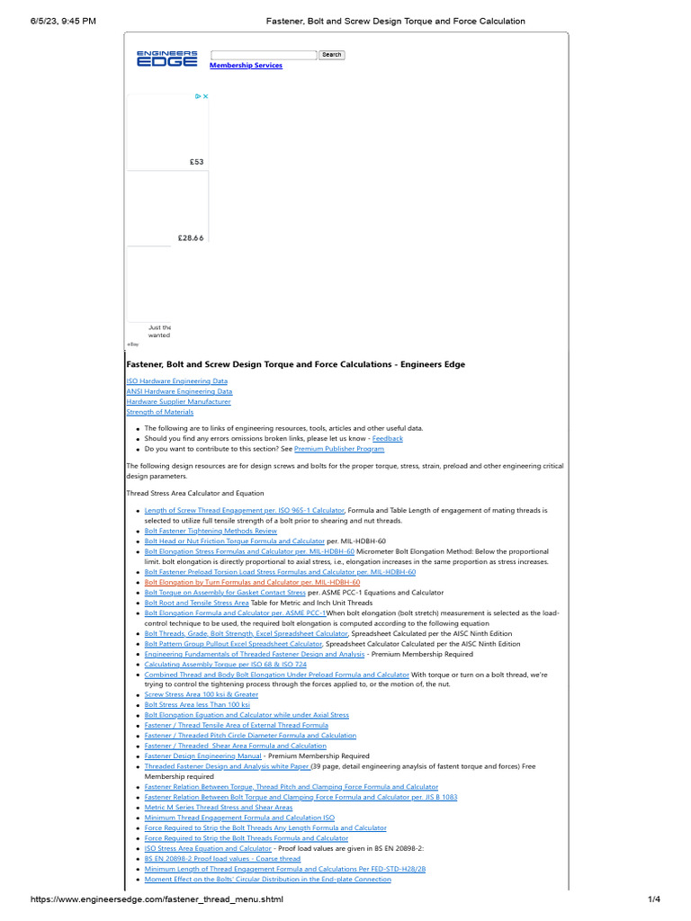 Fastener, Bolt and Screw Design Torque and Force Calculation | PDF ...