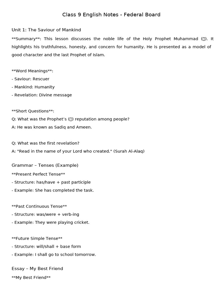Class9 English Notes FederalBoard | PDF