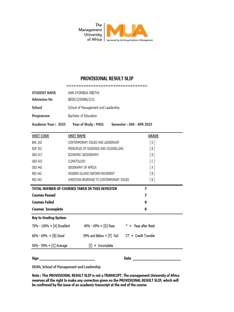 Provisional Result Slip for Ann Syombua | PDF