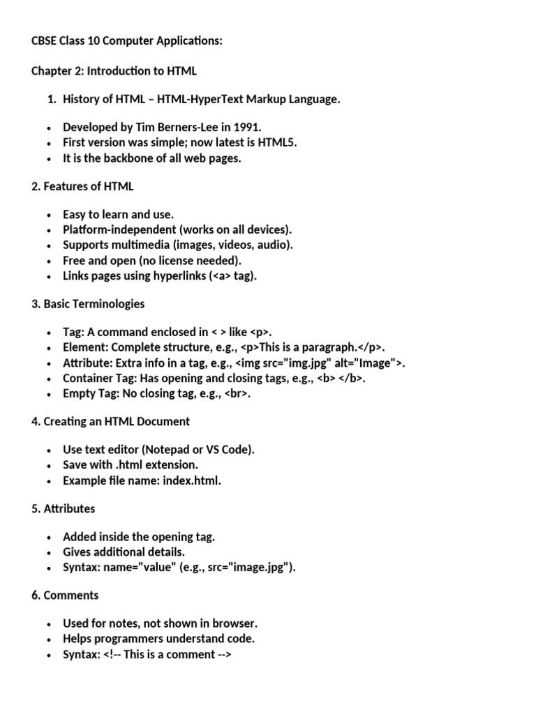 Class 10 HTML Basics for CBSE 2026 | PDF | Html Element | Html