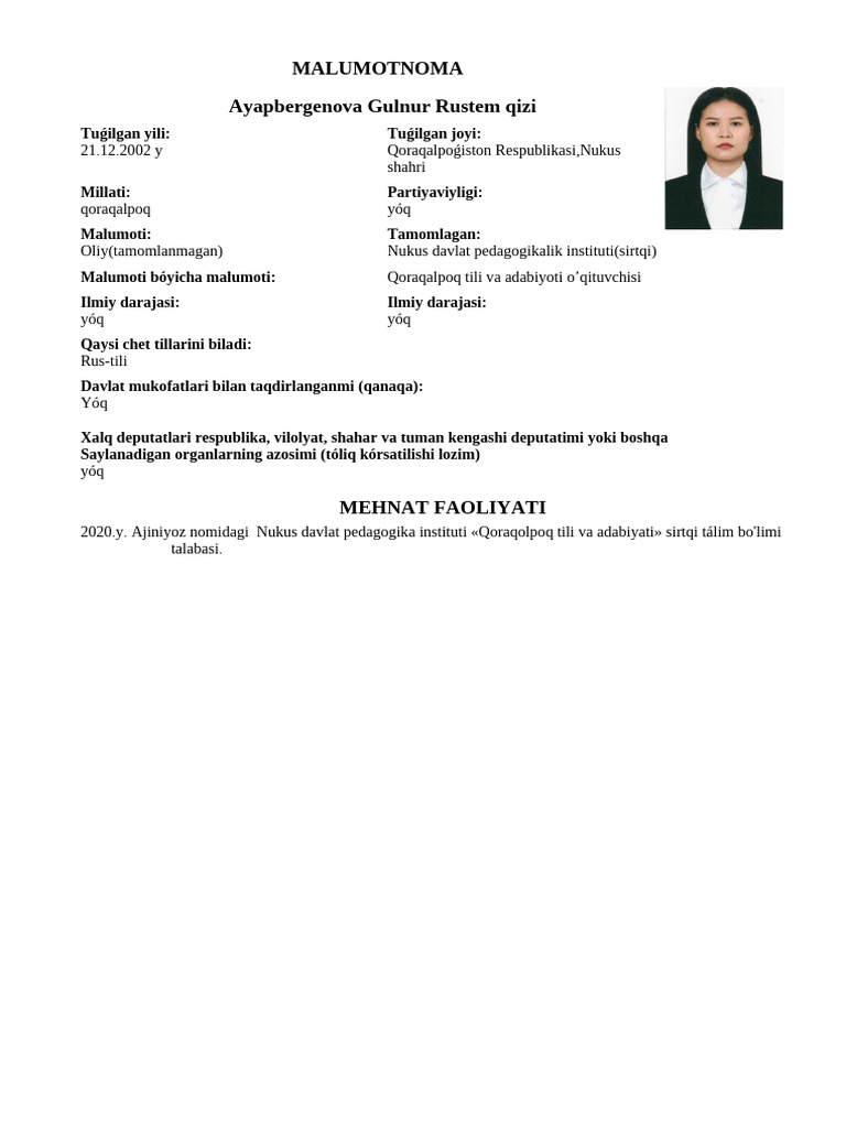 Ayapbergenova Gulnur Rustem Qizi | PDF