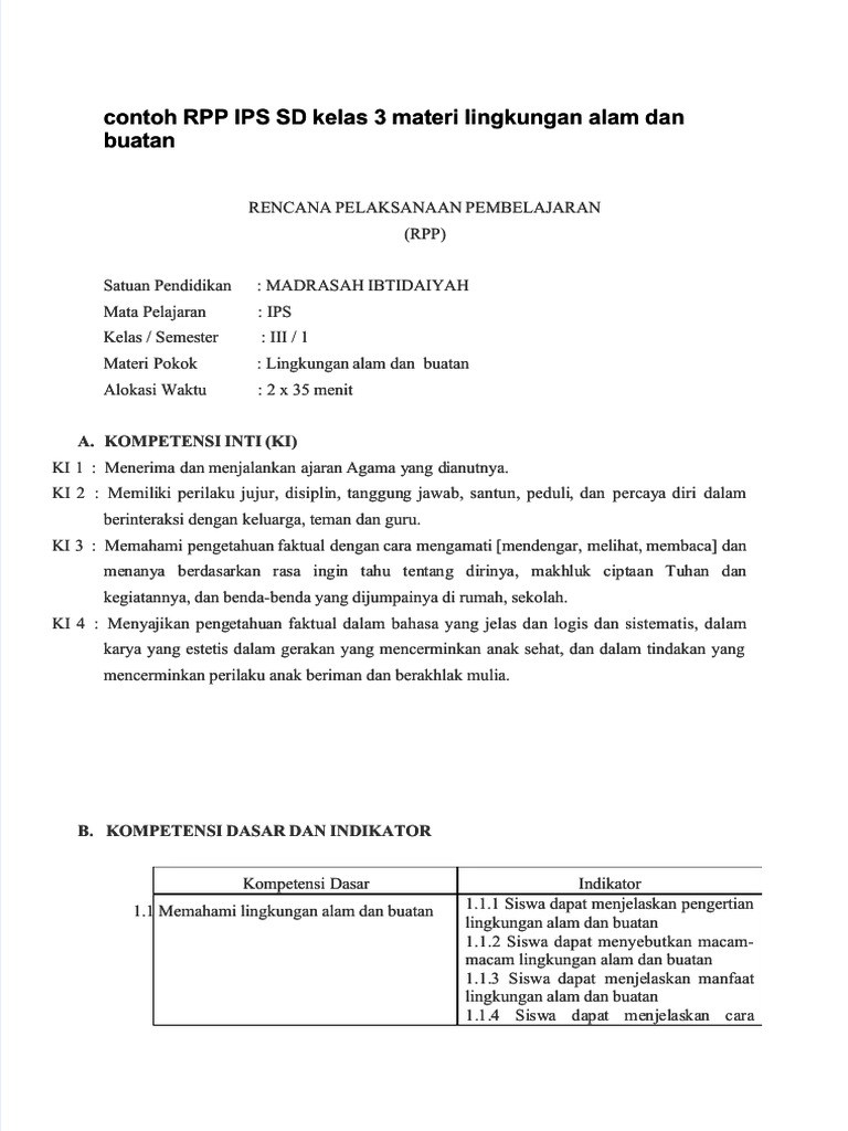 PDF Contoh RPP Ips SD Kelas 3 Materi Lingkungan Alam Dan Buatan ...