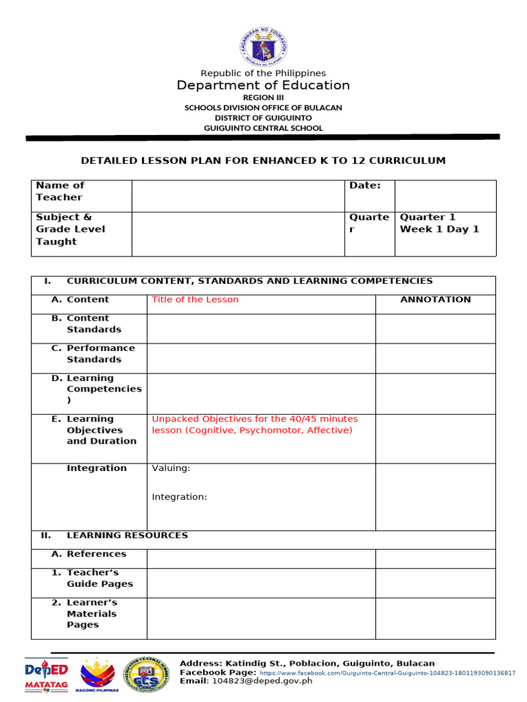 Detailed Lesson Plan Template English Version | PDF | Learning | Lesson ...