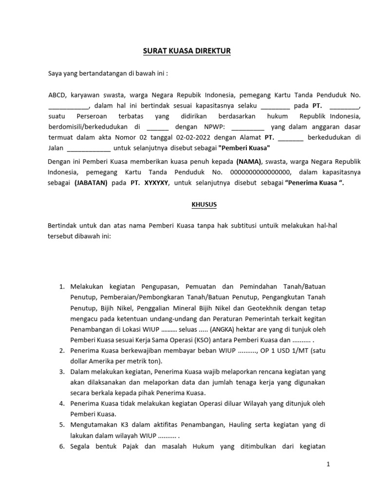 Draft Surat Kuasa Kso Pt. XXXX | PDF