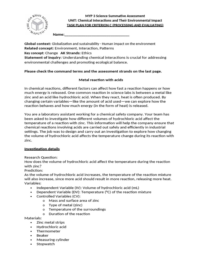 MYP 3 Science Summative Assessment Criterion C 3 | PDF | Scientific ...