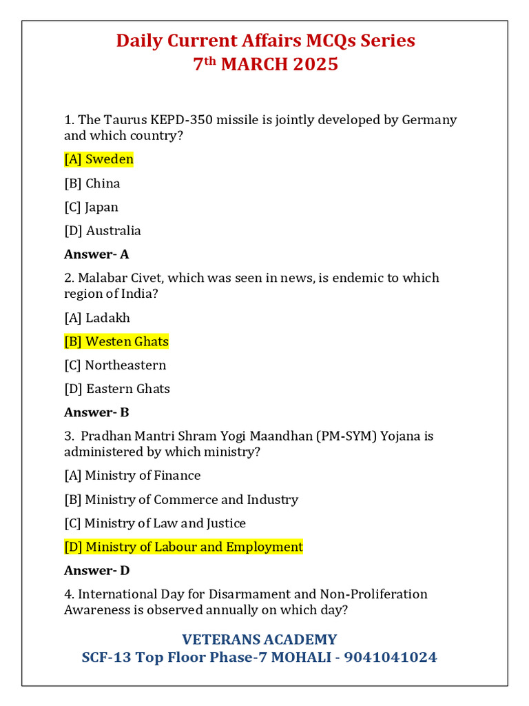 Daily Current Affairs Mcqs 7th March 2025 | PDF