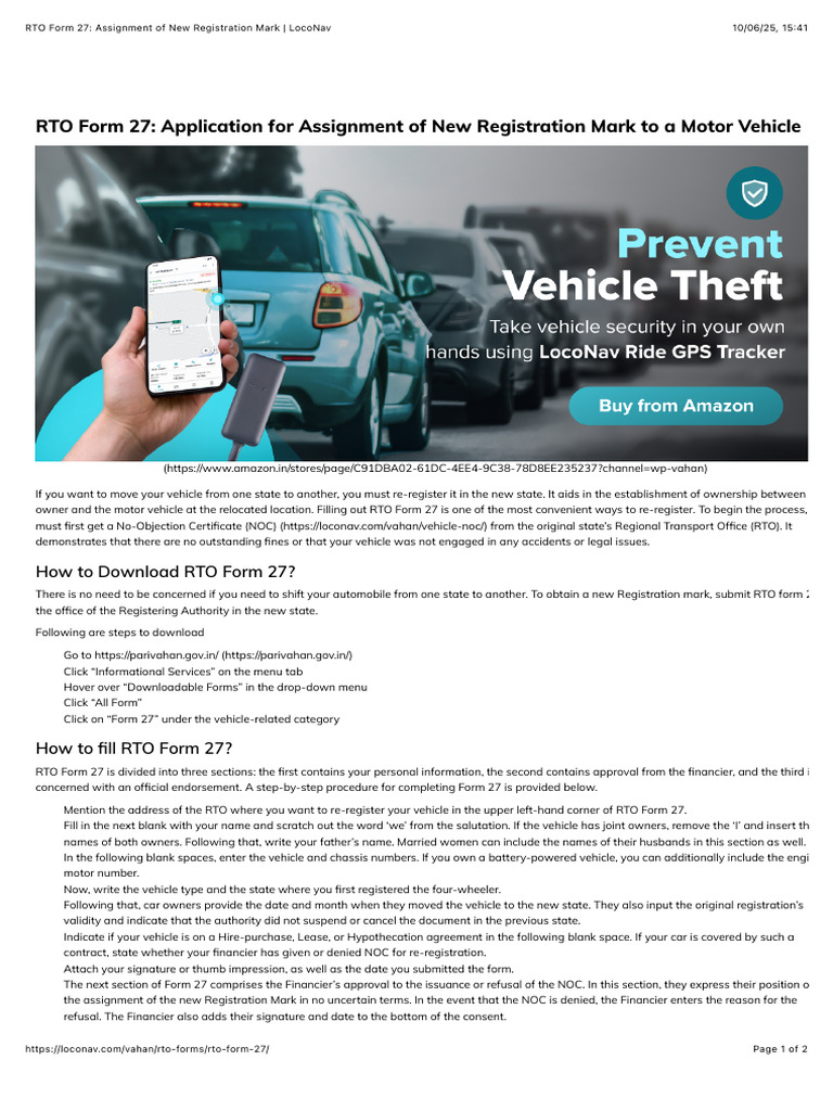 RTO Form 27: Assignment of New Registration Mark - LocoNav | PDF ...