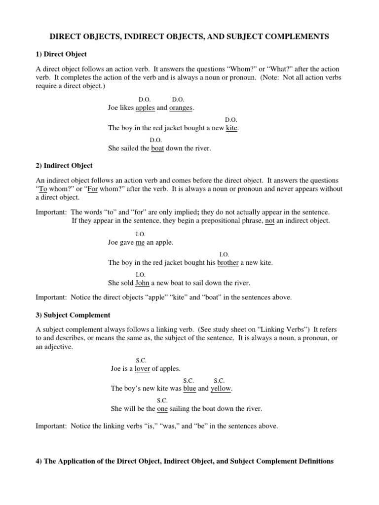 Objects Direct Indirect and Subject Complements 1 | PDF | Object (Grammar) | Verb