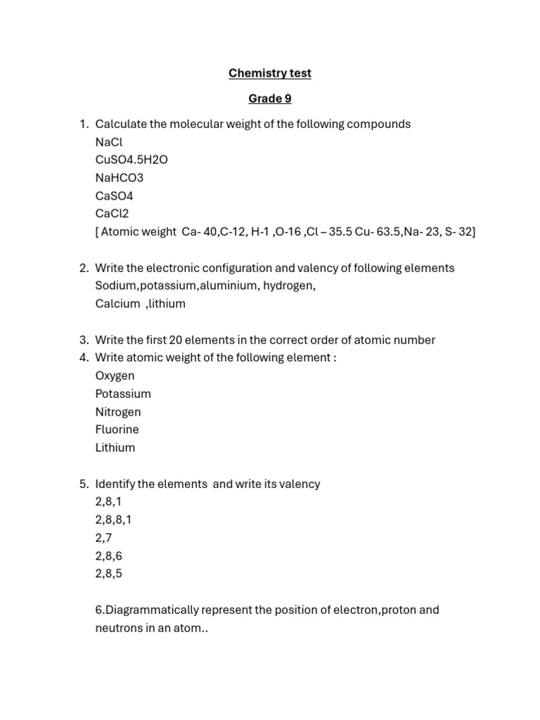 Grade 9 Chemistry Revision Test | PDF