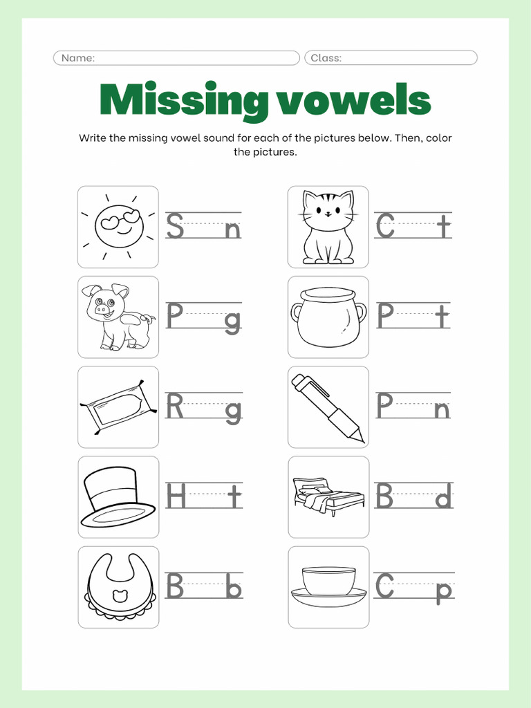 Green White Simple Missing Vowels CVC Worksheet | PDF