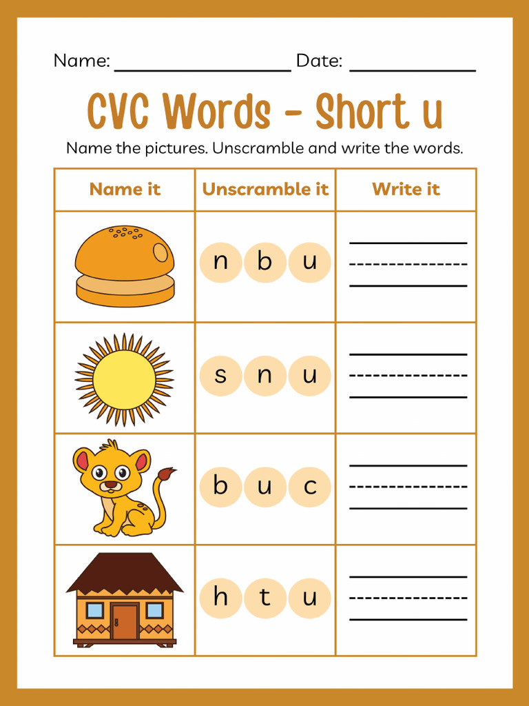 CVC Short Vowel U Worksheet For Kindergarten Reading | PDF