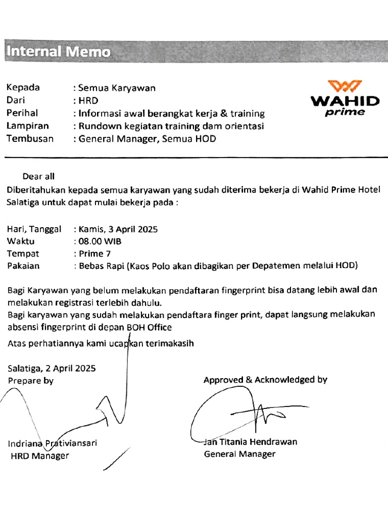 Internal Memo - Training Dan Orientasi | PDF
