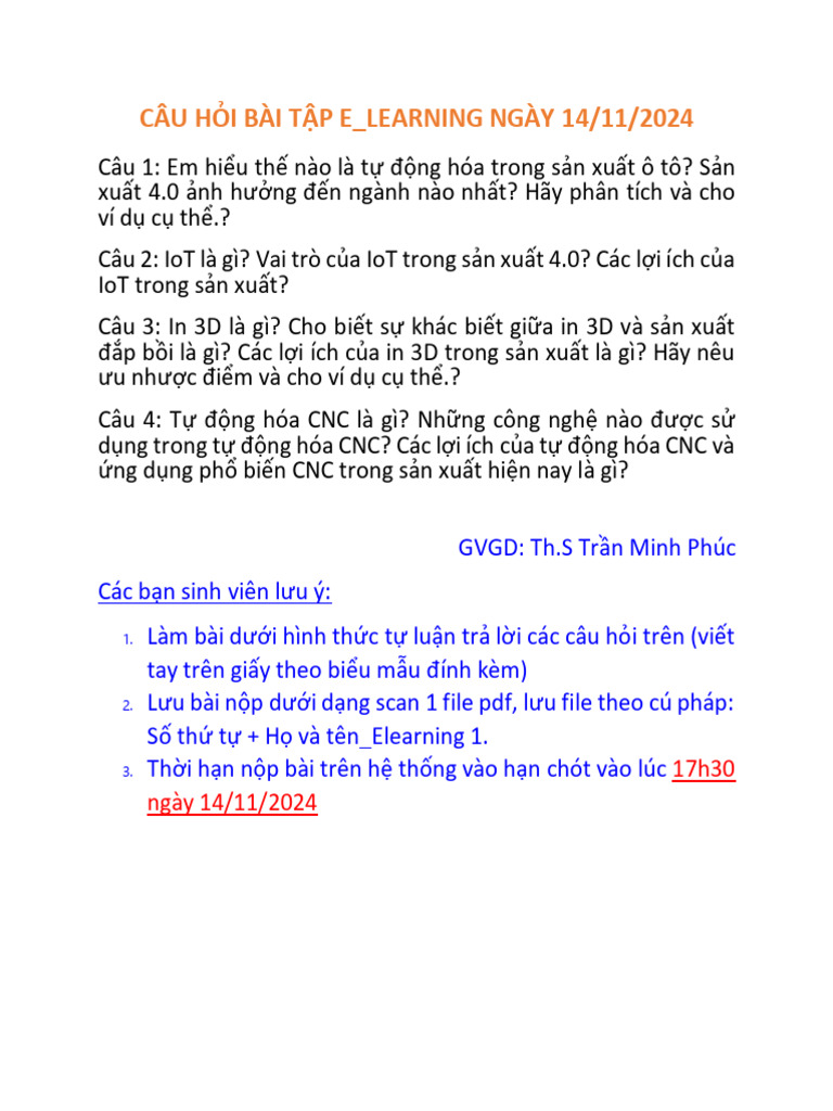 Câu Hỏi Bài Tập E - learning Ngày 14-11-2024 - ca4 | PDF