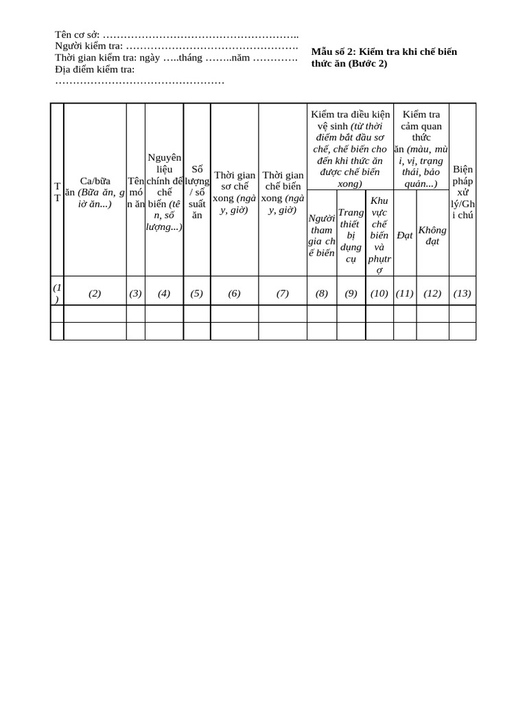 Mau So 2 Kiem Tra Khi Che Bien Thuc An | PDF