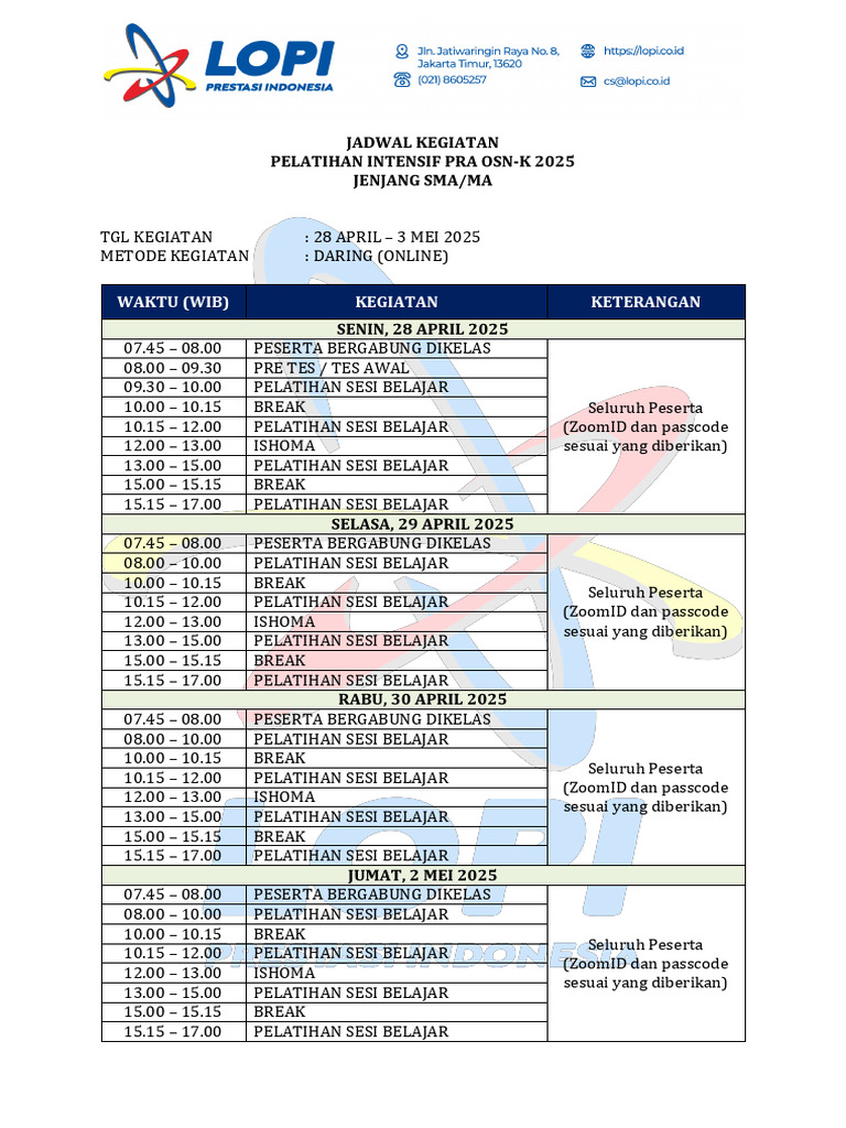 Lopi - Jadwal Kegiatan Pra Osk 2025 - v3 | PDF