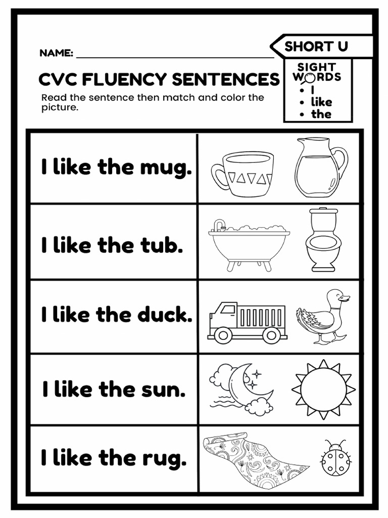 CVC Fluency Sentences Read and Color Short U Words Worksheet | PDF