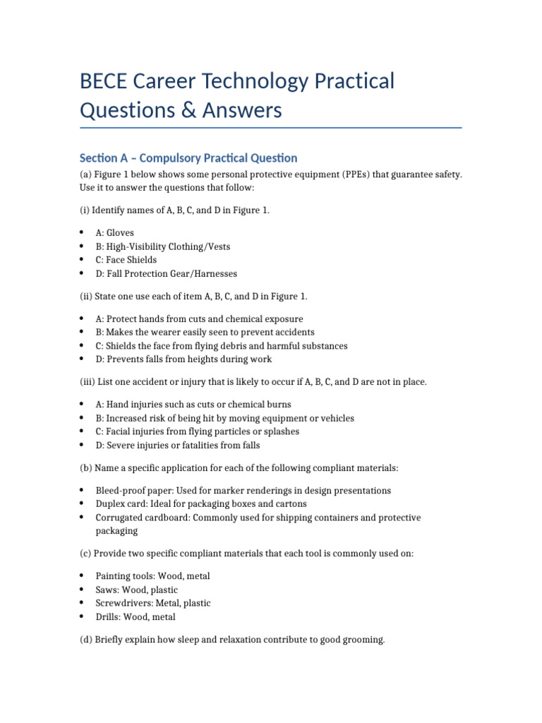 BECE Career Technology Q&A Guide | PDF | Hygiene | Food Safety