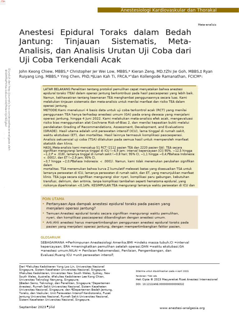 Thoracic Epidural Anesthesia in Cardiac Surgery A.17.en - Id | PDF