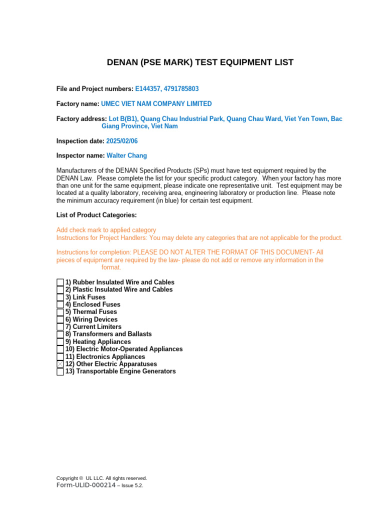 Test Equipment List (UMEC - Viet Nam) - 0219 | PDF | Equipment ...